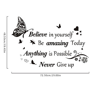 Inspirational Quotes Wall Decals Large Removable Motivational Saying Wall Stickers Positive Lettering Butterfly Sticker for Classroom Home Bedroom Family Office Wall Art Decor