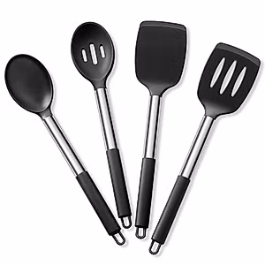 E-far Cooking Utensils Set of 4, Silicone Kitchen Utensils for Non-stick Cookware, Heat Resistant & Non-toxic Slotted Spatula Solid Spoon Turner for Flipping Mixing Serving Basting(Black)