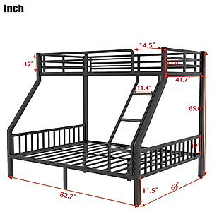 ATY Metal Twin XL Over Queen Bunk Bed with Ladder and Guardrail, Sturdy Bedframe w/Slat Support, for Kids's Bedroom, Dorm, No Spring Need Required, 82.7"x 70"x 65.6" (L x W x H), Black