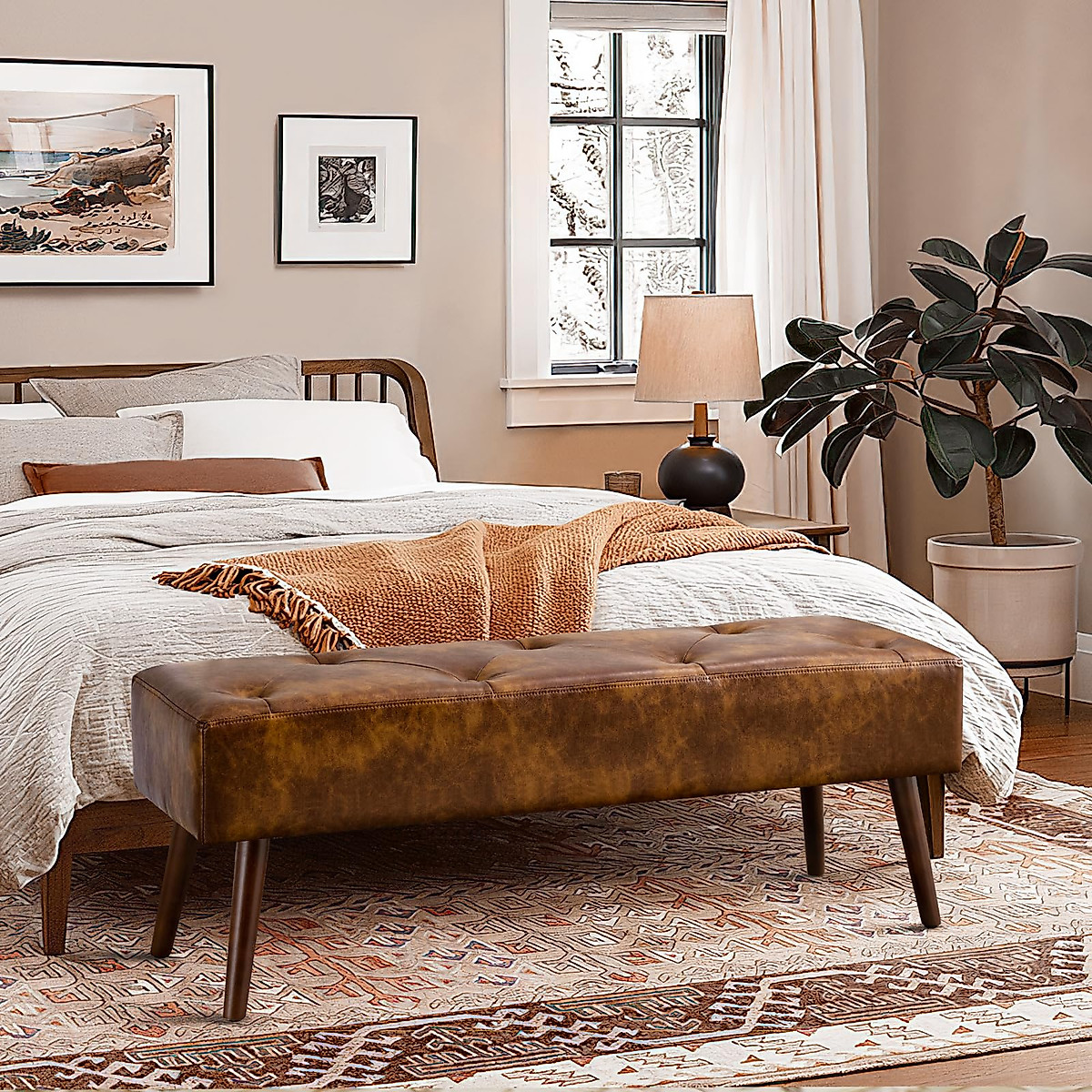 Furnimart Faux Leather Bench Ottoman, Tufted Button Bedroom Benches Footrest Stool in Solid Wood Legs, Long and Dining Bench, Indoor Bench for Entryway Living Room Bedroom (Leather-DustYellow)