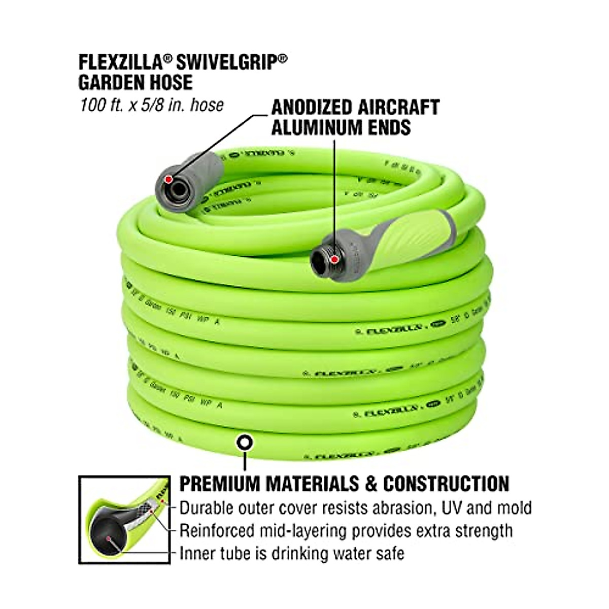 Flexzilla Garden Hose with SwivelGrip, 5/8 in. x 100 ft., Heavy Duty, Lightweight, Drinking Water Safe, ZillaGreen - HFZG5100YWS-E