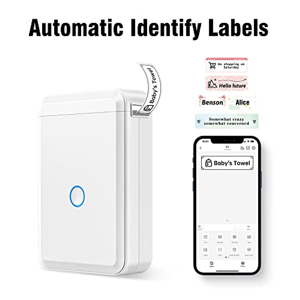 Label Maker D110 Bluetooth Thermal Label Maker Machine with Tape, Portable Inkless Label Printer Handheld & Rechargeable with Multiple Templates for Home Office, Compatible with iOS Android, White