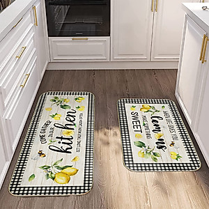 Lemon Kitchen Mat Set of 2, Kitchen Mats for Floor, Farmhouse Lemon Kitchen Rugs and Mats Non Skid Washable, Lemon Kitchen Decor Floor Mats Non Slip, Kitchen Runner Rug Carpet 17x29 and 17x47 Inch