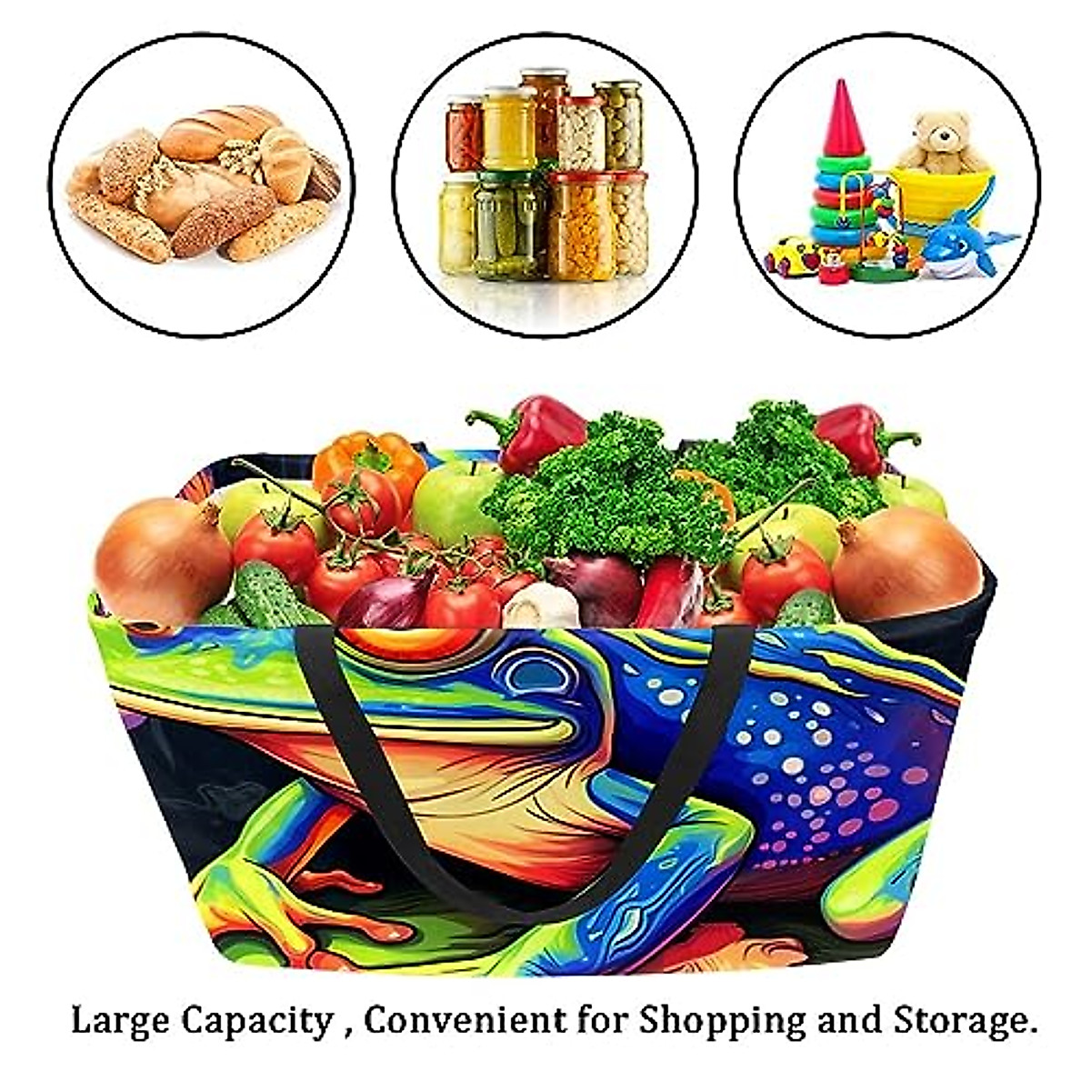 Reusable Grocery Bags Boxes Storage Basket, Red Eye Frog Pattern Collapsible Utility Tote Bags with Long Handle
