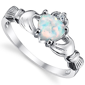 Sterling Silver 925 Irish Claddagh Friendship & Love Ring with Simulated Opal Heart 7