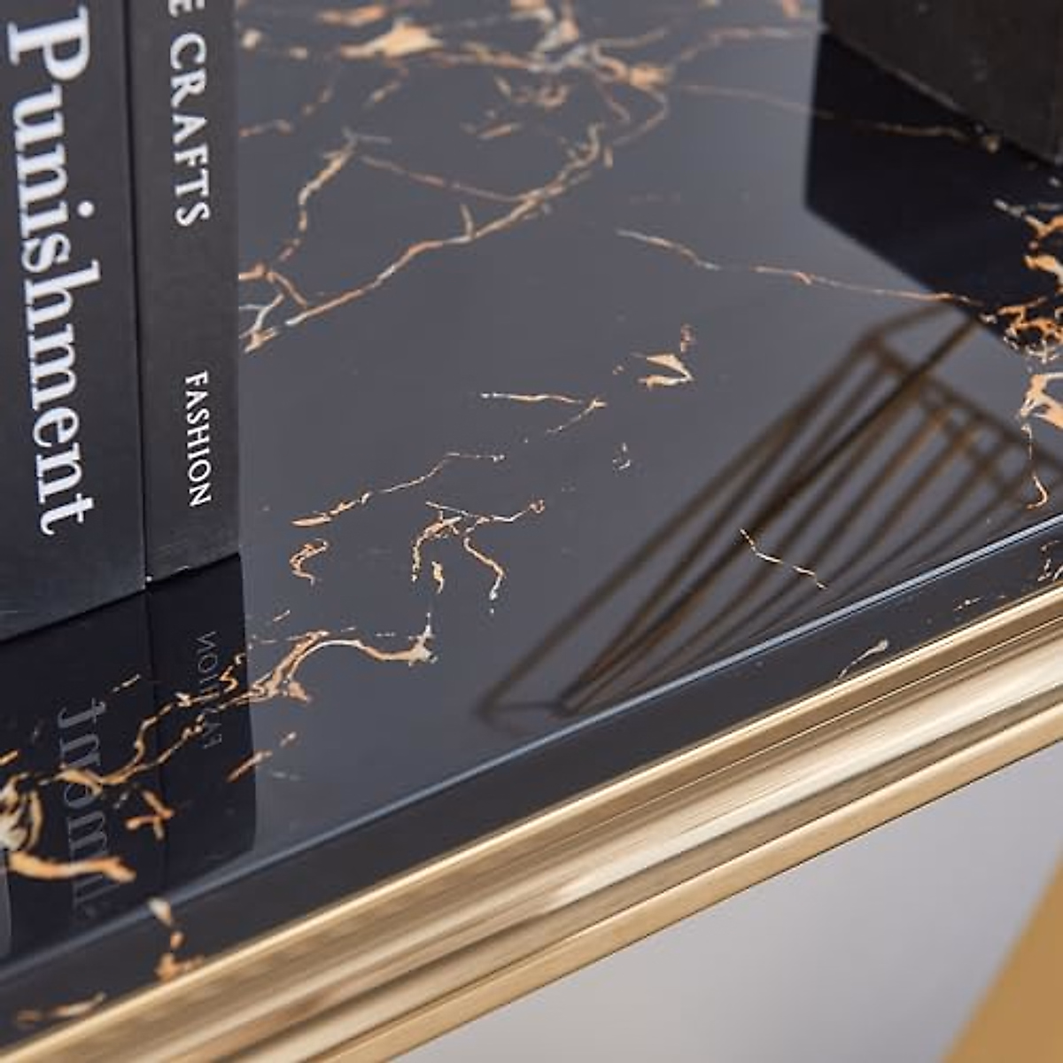 Maotifeys Black and Gold Marble Mid Century Modern Coffee Table with O Shape Stainless Steel Pedestal Base, Rectangle Marble Top for Living Room, Bedroom, Office Behind Couch