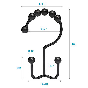 Shower Curtain Rings, OEH Shower Curtain Hooks, Rust-Resistant Metal Black Shower Curtain Rings, Double Shower Curtain Hooks for Bathroom Shower Curtain & Shower Liner, Set of 12, Black