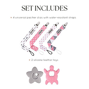 Dodo Babies Pacifier Clip & Teether Toy Set - Four Clips Plus Two Silicone Teether Toys - Universal Holder Fits Most Paci Brands - Fun Pink and Gray Prints for Girls or Boys