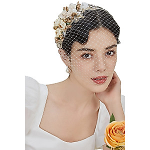 BABEYOND 1920s Fascinator Mesh Flower Pearl Veil Headband Bridal Wedding Tea Party Fascinator Veil for Women