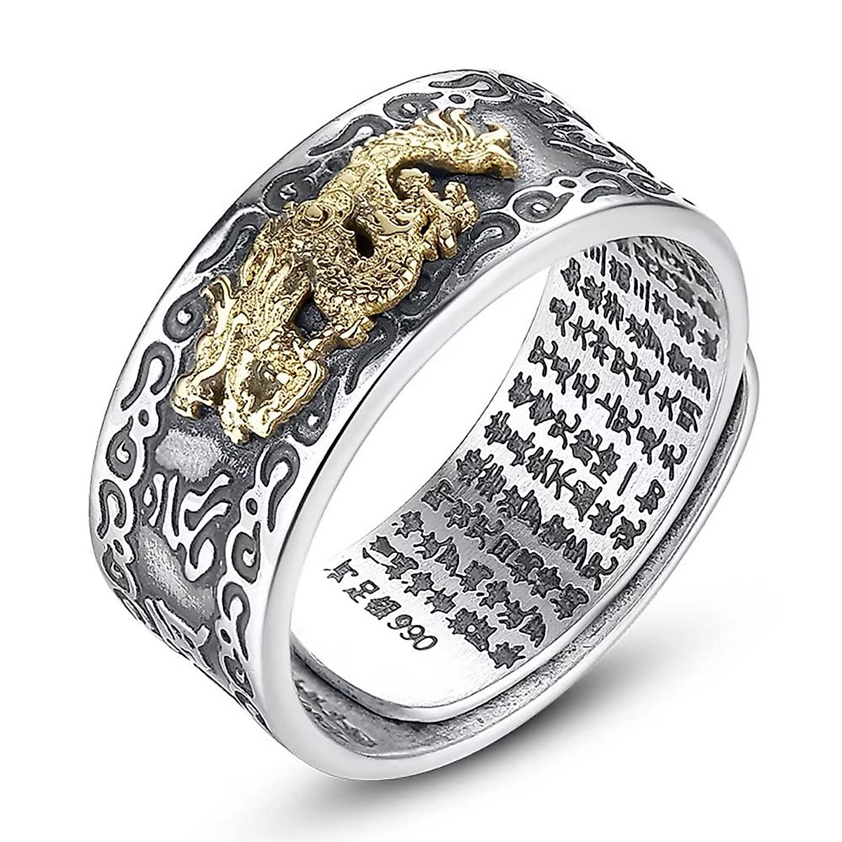 JUNTEN 990 Sterling Silver Feng Shui Dragon Mantra Ring for Women Men Buddhist Mani Adjustable Ring Wealth Lucky Jewelry