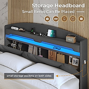 ADORNEVE Queen Floating Bed Frame with USB-C/A Charging Station, LED Bed Frame with Storage Headboard, Upholstered Platform Queen Bed with Shelves, Hidden Storage, Stable Structure,Dark Grey