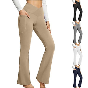 Women High Waist V Cross Pants Tummy Control Bell Bottom Bootcut Pants Casual Wide Leg Yoga Pants with Pockets Black
