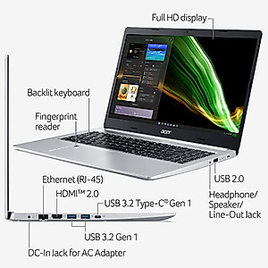 Acer Aspire 5 A515-46-R3CZ Slim Laptop | 15.6" Full HD IPS | AMD Ryzen 7 3700U Quad-Core Mobile Processor | 8GB DDR4 | 256GB NVMe SSD | WiFi 6 | Backlit KB | Fingerprint Reader | Windows 11 Home