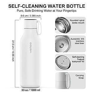 vsitoo Self-Cleaning Water Bottle, 33oz Insulated Stainless Steel BPA-Free Smart Water Bottle, Touch Screen APP Control & Auto-Cleaning, Thermal Flask for Travel, White
