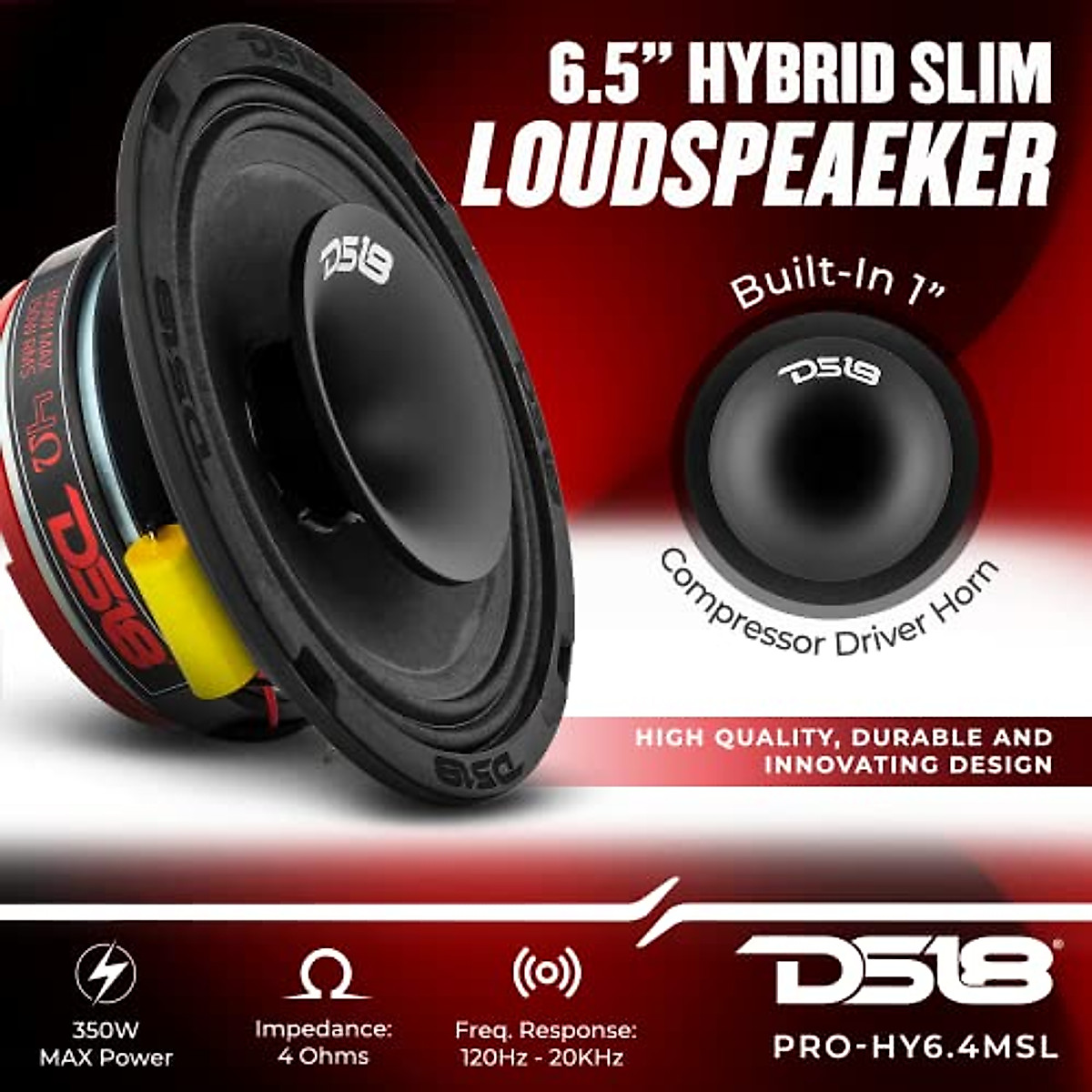 DS18 PRO-HY6.4MSL 6.5" Shallow Hybrid Mid-Range Car Audio Loudspeaker with Built-in Driver and Grill Included 300W Max 150W RMS 4 Ohms (1 Speaker)