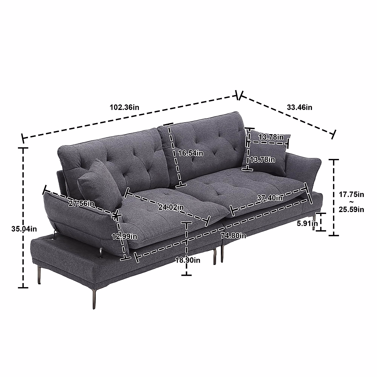 Spacious Loveseat Sofa with Metal Legs，Modern Futon Design, Tufted Accent, Convertible Arms,2-Seater Cloud Sofa for Living Room and Apartment (Dark Gray)