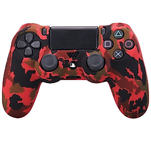 YoRHa Water Transfer Printing Camouflage Silicone Cover Skin Case for Sony PS4/slim/Pro Dualshock 4 Controller x 2(red+Blue) with Pro Thumb Grips x 8