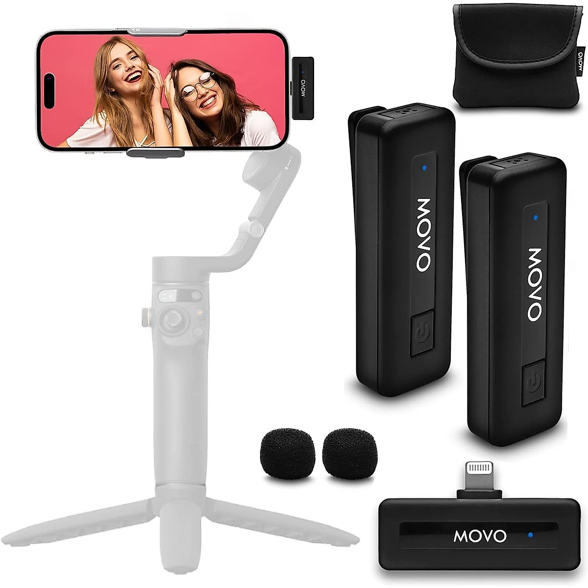 Movo Wireless Mini DI Duo Wireless Microphone for iPhone - iPhone Microphone for Video Recording with Clip on Lavalier Microphone for iPhone 10 HR Battery 164FT Range, Wireless Mic for iPhone