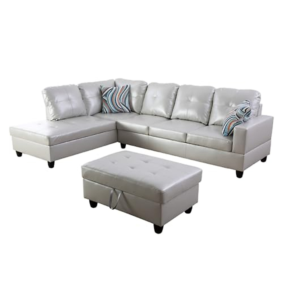 NOTOP 3-Piece Faux Leather L-Shaped Sectional Sofas, Button Tufted Upholstered Couch Set with Left Chaise Longue and Storage Ottoman, for Living Room, Home, Office, Powder