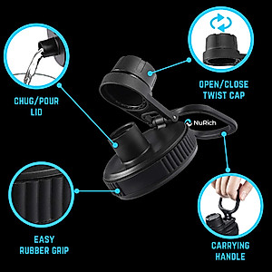 NuRich Hydraflow Wide Mouth Spout Twist Chug Nalgene Replacement Lid or Cap, Compatible with Nalgene 32 oz Wide Mouth Lid, Hydroflask & Many More Top Water Bottle Brands Sizes 12 16 18 20 32 40 64 Oz