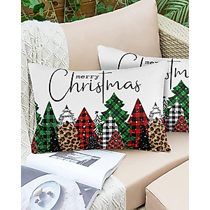 Edwiinsa Outdoor Pillow Covers Waterproof, Christmas All Weather Cushion Case Set of 2, Xmas Tree Leopard Check Winter Snowflake Lumbar Pillowcase for Sofa Couch Bed Decor Patio Furniture 20"x12"