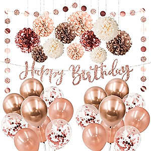 Rose Gold Party Decorations Set 30 Piece Party Supplies with Balloons, Paper Pom Poms, Paper Garland for Wedding, Bridal, and Baby Shower, Birthday Party