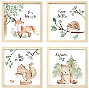 ArtbyHannah 4 Pack Framed Funny Woodland Baby Nursery Wall Art Decor with 10x10 Frames and Cute Safari Animals Prints for Kids Playroom Decoration, Light-Wood