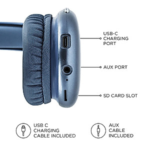 iJoy Ultra Wireless Headphones with Microphone- Rechargeable Over Ear Wireless Bluetooth Headphones with 10Hr Playtime, SD Slot, Backup Wire- Soft Cushion Wireless Headset with Mic (Blue)