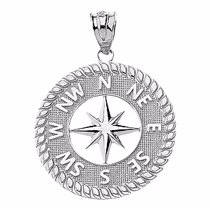 .925 Sterling Silver Navigation Compass 1” Pendant