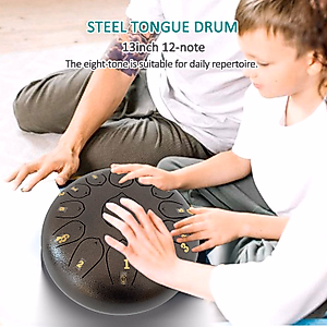 Sidasu Steel Tongue Drum 13 Notes 12 Inches Percussion Instrument Handpan Drum with travel Bag Music Book Mallets steel tongue drum stand（ 13 Notes 12 Inches, Bronze）