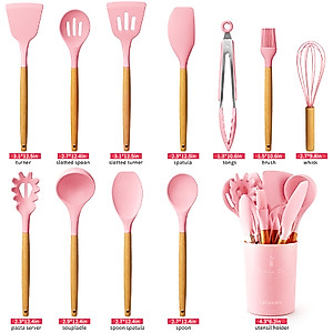 Caliamary Silicone Kitchen Utensil Set, 11 Pieces Cooking Utensil with Wooden Handles, Utensil Holder for Nonstick Cookware, Spoon, Soup Ladle, Slotted Turner, Whisk, Tongs, Brush, Pasta Server (Pink)