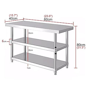 Stainless Steel Work Table Kitchen Stovetop Casework Organizer Storage Rack Commercial Prep Table Large Storage Three Tier Metal Table with Solid Construction(60x40x80cm)