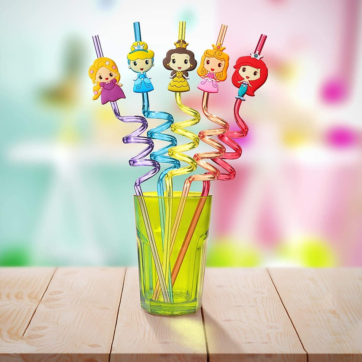 Lidmada 25Pcs Princess Party Favors Straws with 2 Cleaning Brushes, 5 Designs Reusable Plastic Straws Great for Princess Themed Birthday Party Supplies for Girls Kids