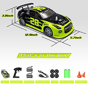 RACENT 2.4GHz 4WD 25KPH High Speed RC Drift Car with LED Lights, PVC Shell, ABS Base, Rechargeable Batteries, Toy Gift for Kids & Adults