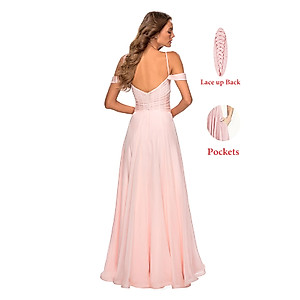 Spaghetti Straps Bridesmaid Dresses Red Long Chiffon V Neck Formal Evening Dress with Pockets Size 14