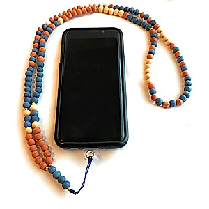 Wooden beaded phone chain lanyard gift for women stocking stuffer (Blue with Universal Tab)