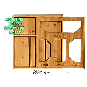 Alpha Kurtisa Bamboo Ziplock Bag Organizer for Kitchen-Walls-Drawers-Can fit Ziplock bags like Gallon-Snack-Sandwich-Quart. Includes Keyholder with Cellphone stand (Natural)