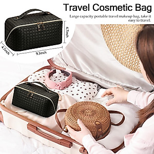 GOLDORANGE Everything Cosmetic Bag, 2023 New Big Checkered Makeup Bag with Handle Divider Portable Flat Lay Makeup Organizer Bag Lightweight PU Leather for Girl and Women, Woven Black