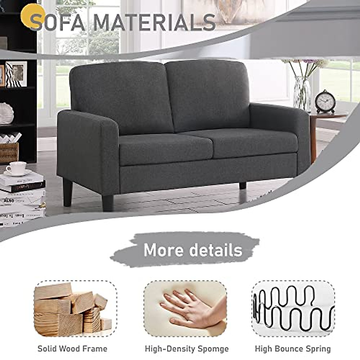 BEEY Modern Love Seat Sofas 53" Small Loveseat Sofa Linen Fabric Tufted Loveseat Sofa for Living Room Bedroom Small Apartment in Dark Grey