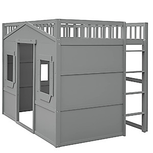 Harper & Bright Designs Full Size House Loft Bed for Kids, Wood Full Loft Bed with Door and Windows House Design, Playhouse Bed Full with Underbed Space for Girls Boys Bedroom, Grey