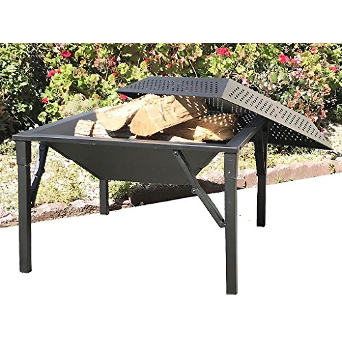 Zynuo 27 Inch Big Black Metal Square Design Charcoal and Wood Log Burning Outdoor Foldable Portable Patio Fire Pit with Spark Screen Cover