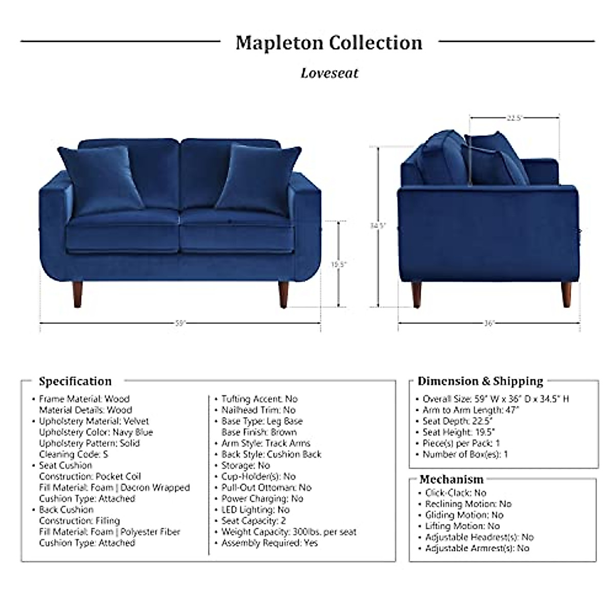 Lexicon Mapleton Living Room Loveseat, Navy Blue