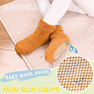 AMENLAN Baby Wool Floor Socks Soft Winter Warm Thick Non slip Toddler Boys Girls Crew Neck Socks 6 pairs (Solid Color B, 0-12 Months)