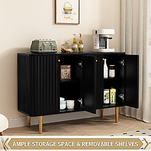 HLR Sideboard Buffet Cabinet, 48" Modern Accent Cabinet with 4 Door and Removable Shelves, Credenza Entryway Cabinet with Storage for Living Room, Dinning Room, Black