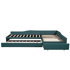 CITYLIGHT Upholstered L-Shaped 2 Twin Beds with Trundle and Storage Drawer, Wood Linen Corner Bed for Kids Girls Boys Teens Bedroom, Green