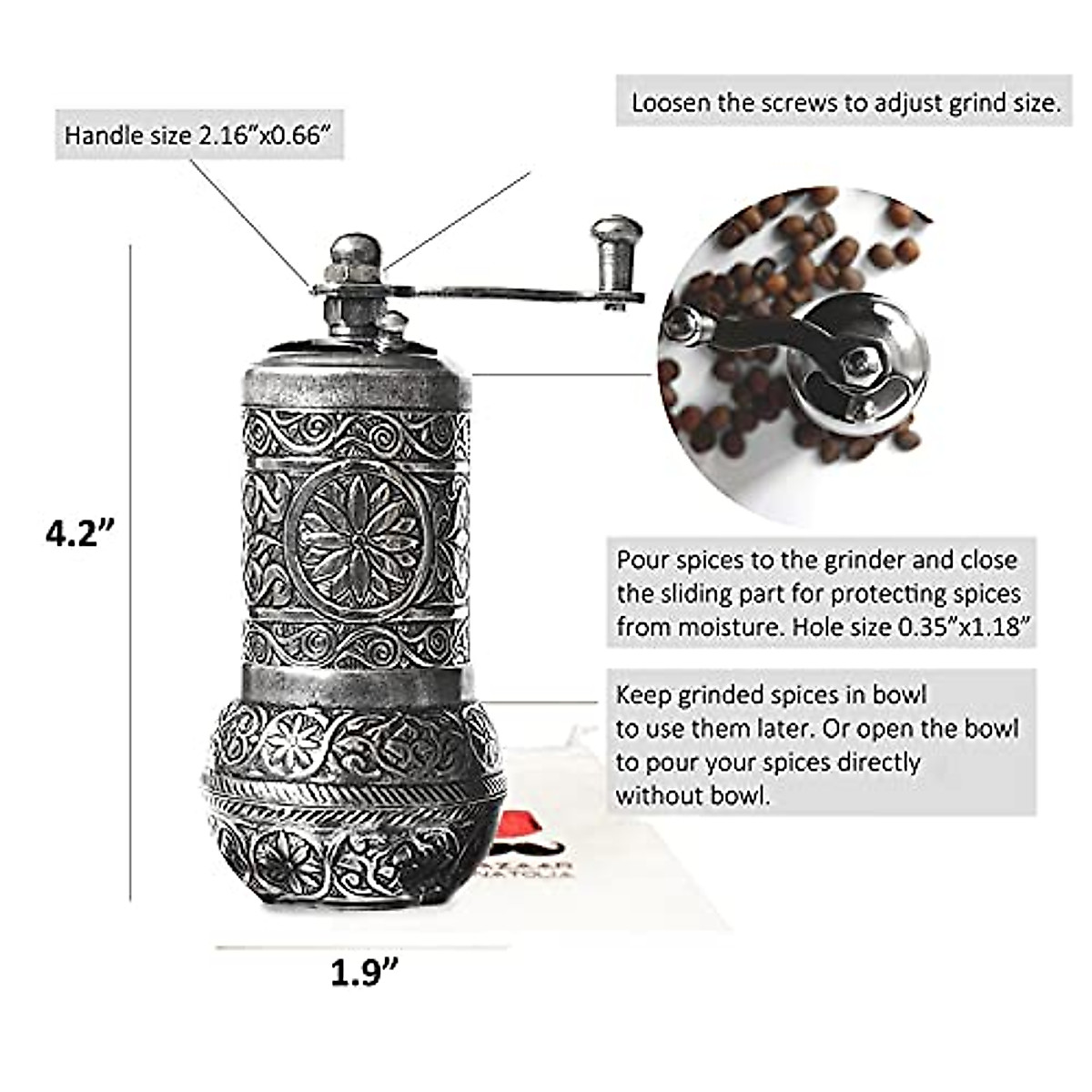 Bazaar Anatolia Turkish Pepper Mill Grinder Refillable Spice 4.2" Manual Crank Handle (Dark Silver)