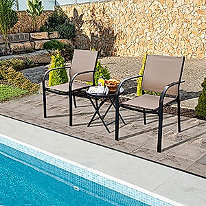 Giantex Set of 4 Outdoor Patio Chairs, Stackable Lawn Chairs with Armrests and Breathable Fabric, 4 Pack Bistro Chairs for Porch Garden Backyard Poolside, Brown & Black