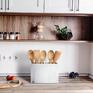 Essentra Home White Marble Kitchen Utensil Holder for Countertop, Rectangular Utensil Crock with Two Compartments.