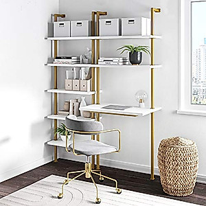 Nathan James Theo 2-Shelf Industrial Wall Mount Ladder Small Computer or Writing Desk, White/Gold Brass