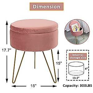 Glzifom Velvet Round Storage Ottomans Dressing Chair Modern Vanity Seat Makeup Stool with Gold Metal Legs for Home Bedroom Coffee Table Living Room (Pink)